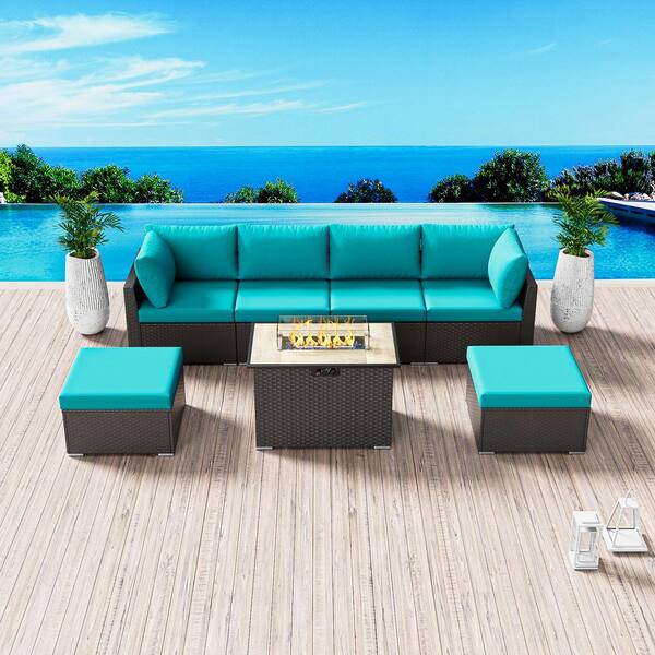 eVita Rattan Wicker 7-Piece Outdoor Patio Propane Fire Pit Furniture ...