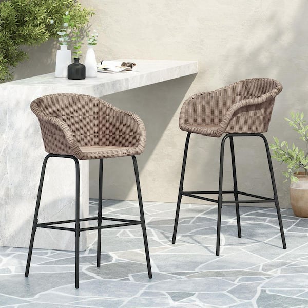 2-PC Black Metal & Plastic Outdoor Bar Stools with Light Brown Faux PE ...