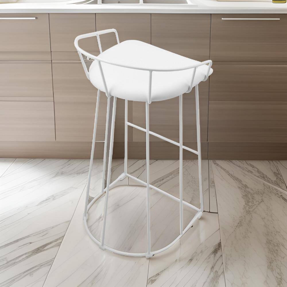 Benjara 30.5 in. White Low Back Metal Frame Bar Stool with Faux Leather ...
