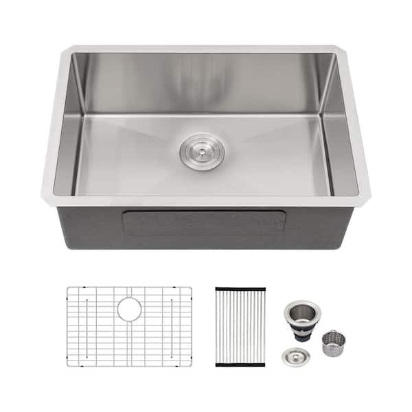 Logmey 27 in. Undermount Sink Single Bowl 16-Gauge Brushed Stainless ...