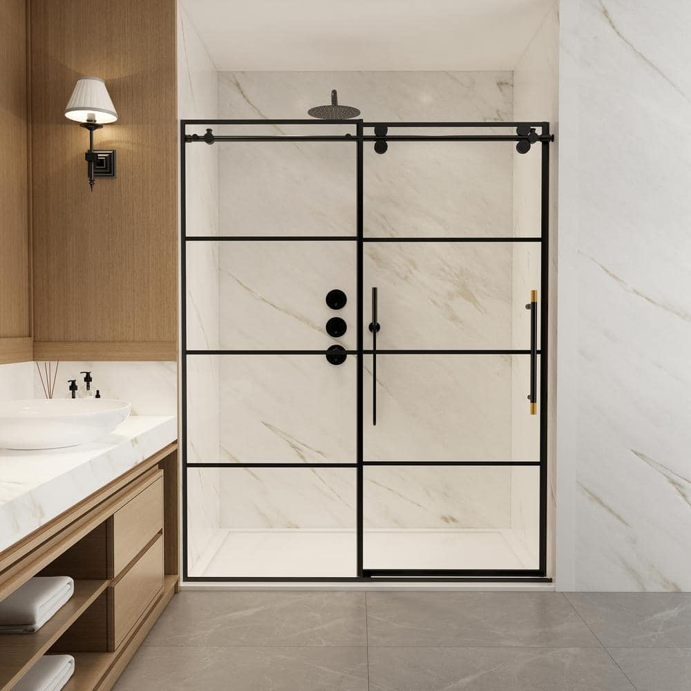 ROSWELL Losar 64 in. W x 78 in. H Single Sliding Frameless Shower Door in Matte Black with Clear ...