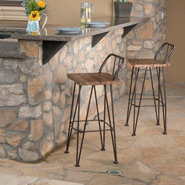 2-Piece Wood and Metal Outdoor Bar Stools, High Top Patio Chairs Indoor ...