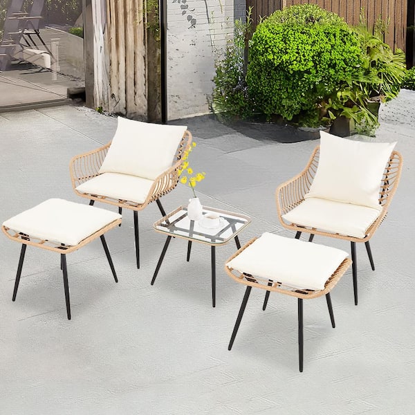 Sudzendf 5-Piece Yellow Wicker Outdoor Bistro Set with Beige Cushion ...