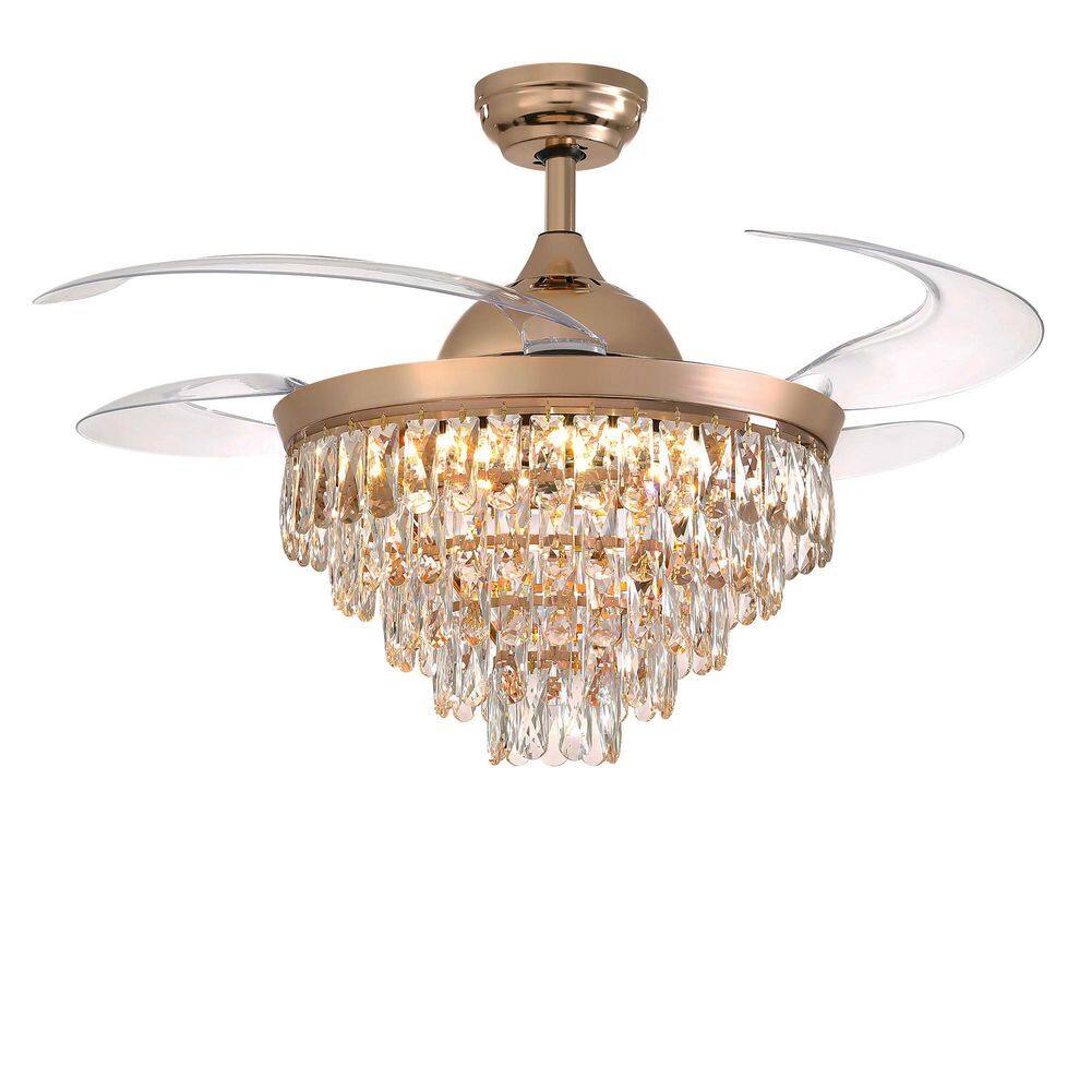 WDETR 48 in. Modern Indoor Gold Retractable Crystal Ceiling Fan with ...