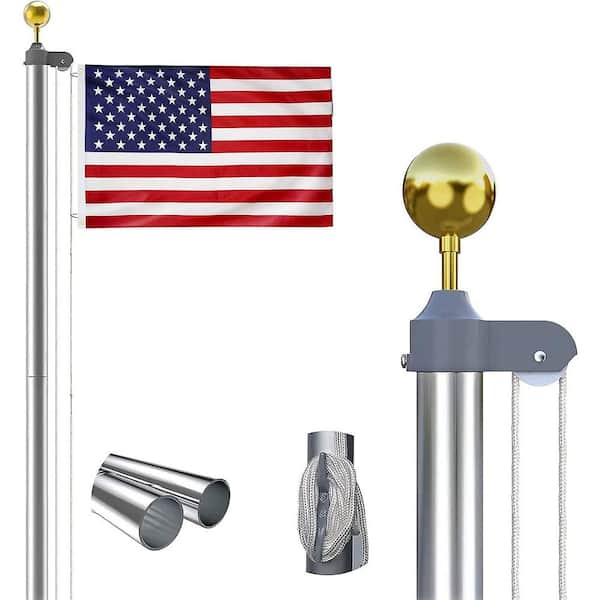 20 ft. x 3-1/2 ft. Silver Aluminum Telescopic Flag Pole with 3' x 5' Heavy-Duty 2-Sided ...