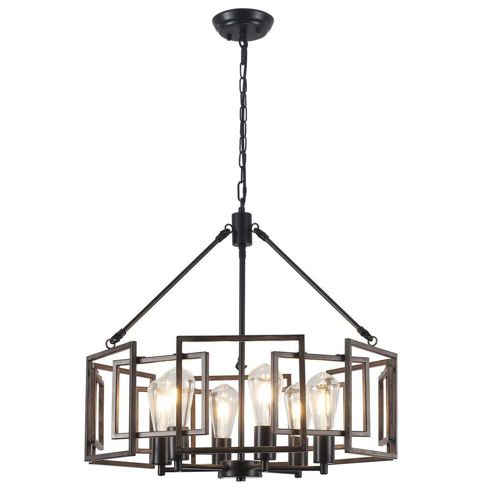ADSENSTY 6-Light Black and Imitation Wood Grain Transitional Geometric ...