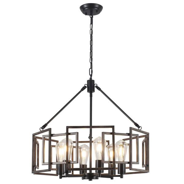 ADSENSTY 6-Light Black and Imitation Wood Grain Transitional Geometric ...