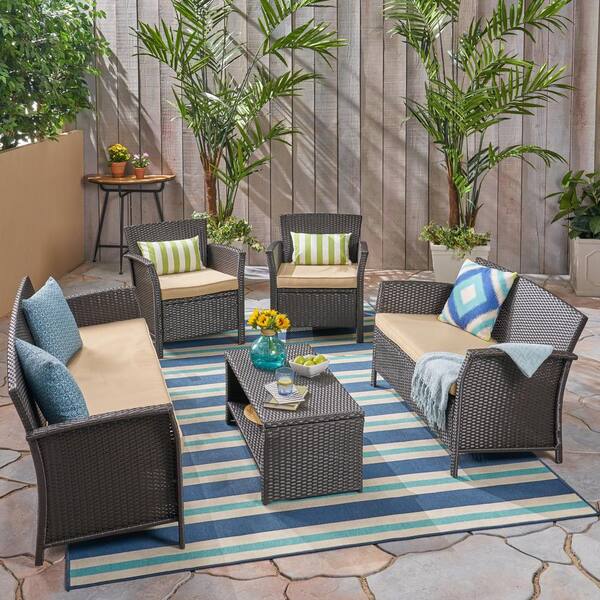 Noble House St. Lucia Brown 5 Piece Faux Rattan Patio Conversation Set with Tan Cushions 53107 The Home Depot