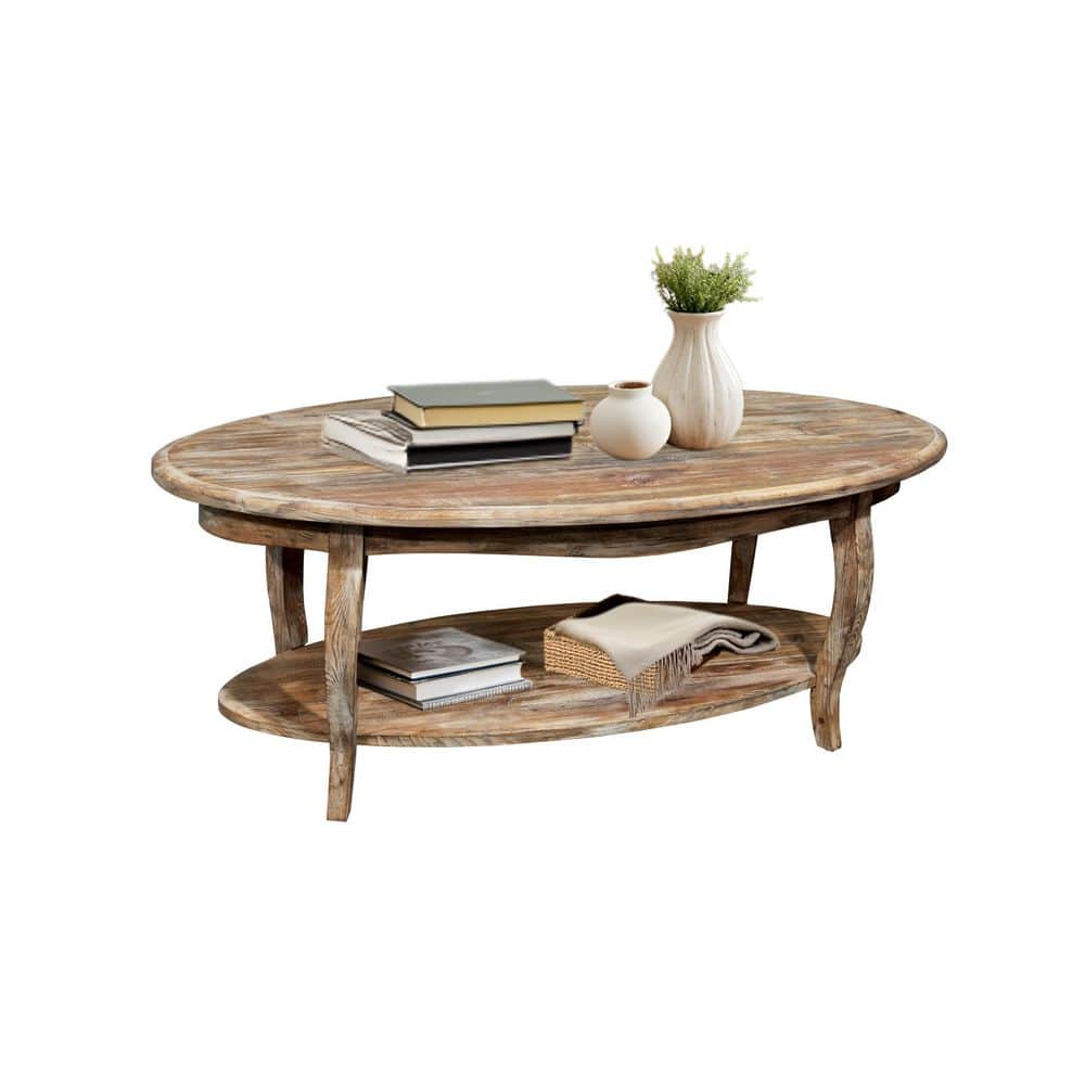 Alaterre Furniture Rustic 48 in. Oval Coffee Table with Lower Shelf, Solid Wood Center Table ...