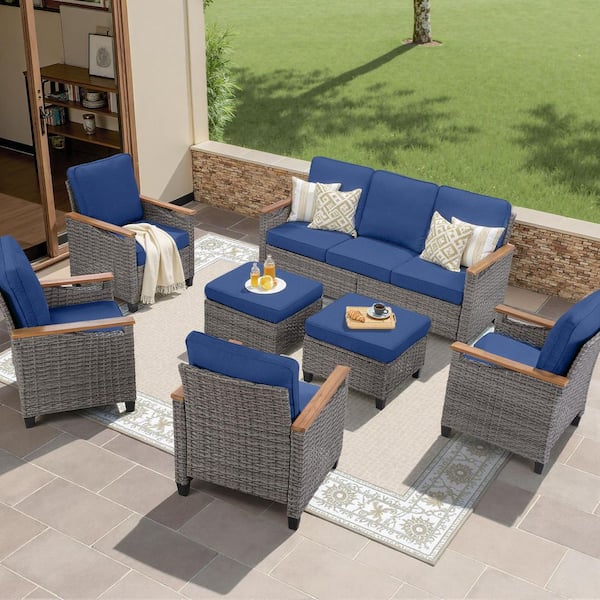 Buenaola 7-Piece Wood and Wicker Patio Conversation Set, Outdoor ...