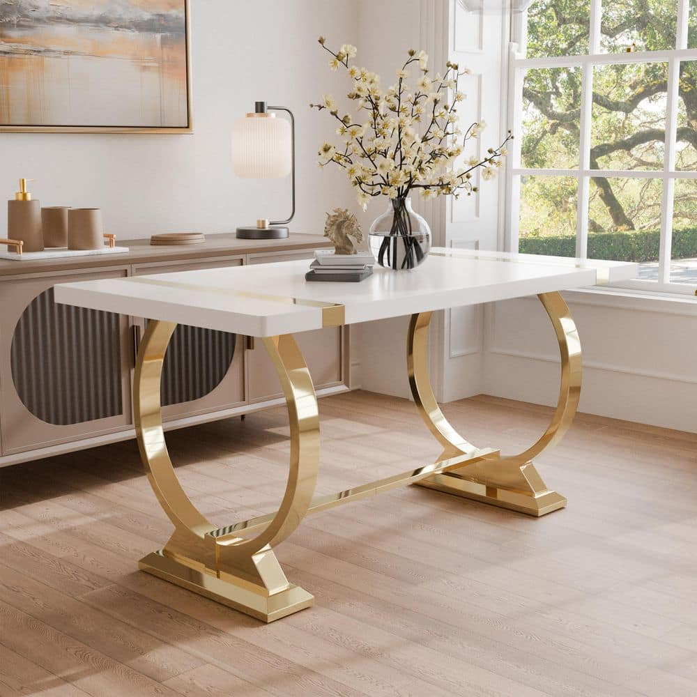 Furniture of America Kehla Glam Gold/White Wood Top 60 in. Trestle Base ...