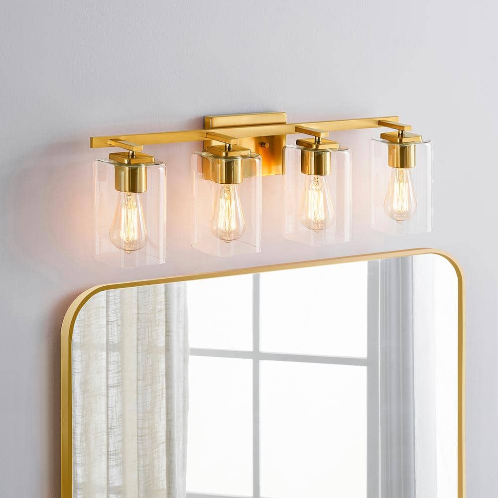 KAWOTI 29 in. 4-Light Gold Bathroom Vanity Light with Rectangle Glass ...