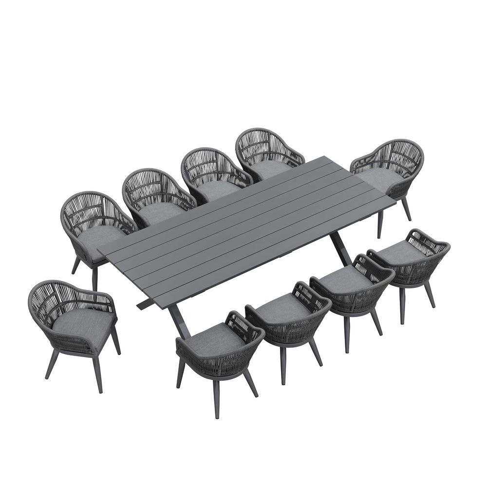 PURPLE LEAF 11 Piece Aluminum All-Weather PE Rattan Rectangular Outdoor Dining Set with Cushion ...