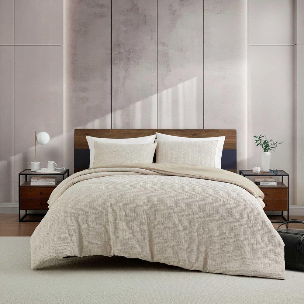 KENNETH COLE REACTION Stitched Gauze 3-Piece Linen Beige Polyester King ...