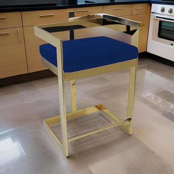 Benjara 30 in. Blue and Gold Low Back Metal Frame Bar Stool with Velvet ...