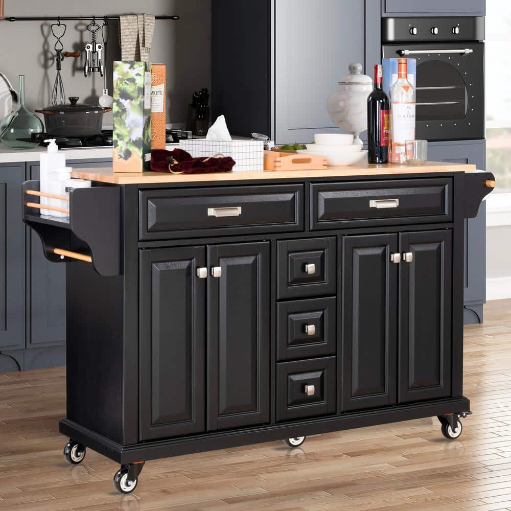 MDF Kitchen Cart in Black with 4-Door Cabinet, Spice Rack and Towel ...