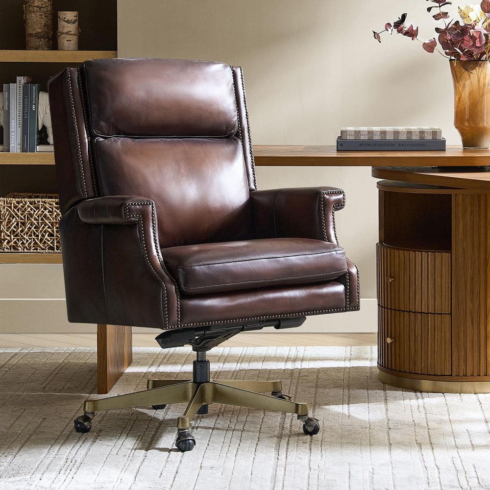 JAYDEN CREATION Salvador Genuine Leather Office Chair in Brown with Non ...