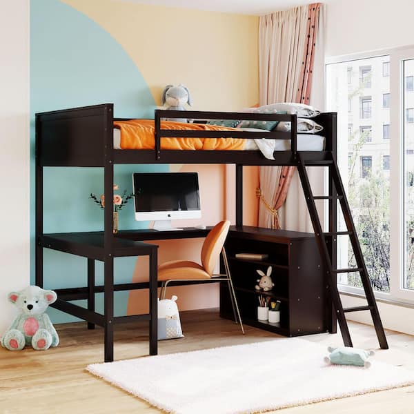 Polibi Espresso Full Size Wood Loft Bed with Shelves and Desk, Wooden Loft Bed with Desk RD14 ...