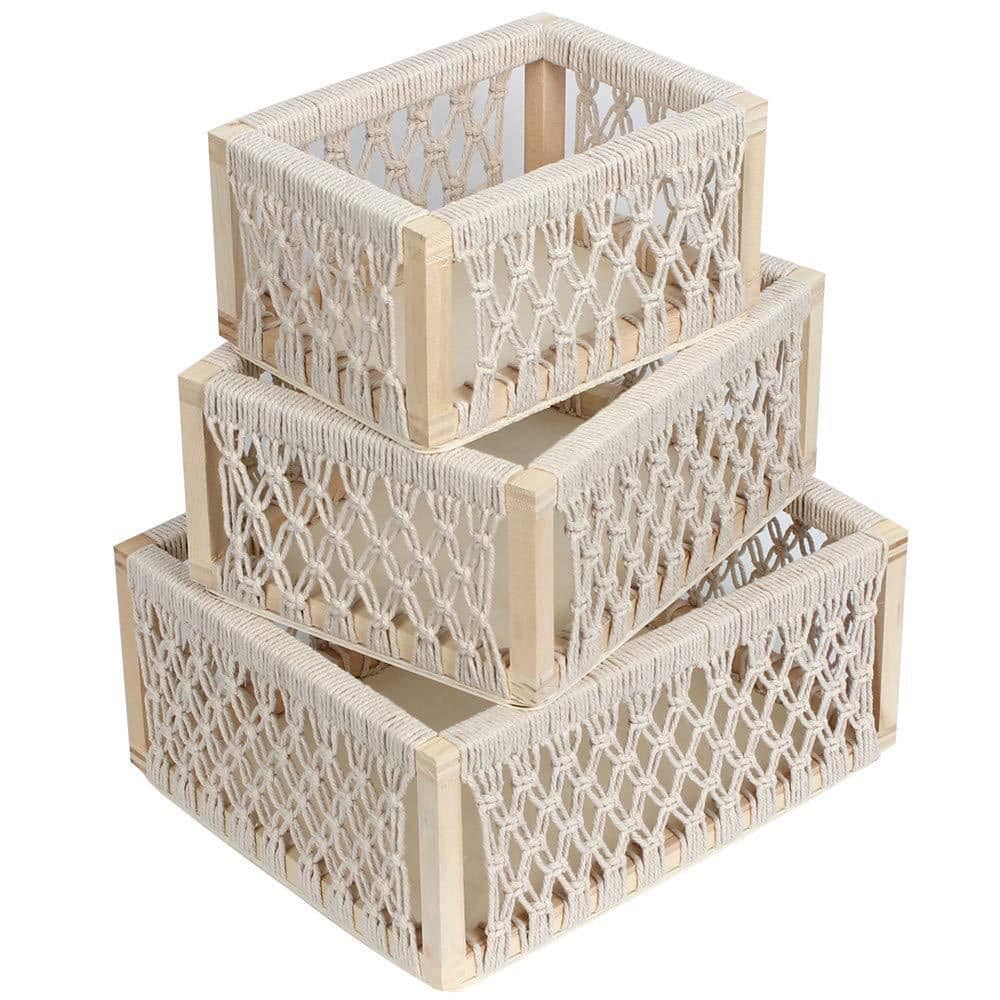 Afoxsos White 12 in. x 6.5 in. Wood Decorative Basket Set of 3 Boho ...