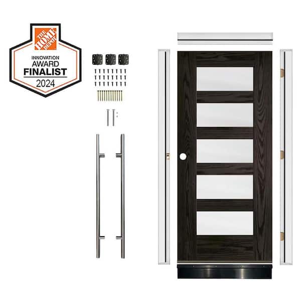 Faux Pivot 36 x 79 in. 5-Lite Frosted Glass Right-Hand Bourbon Stain Fiberglass Front Door Kit w ...