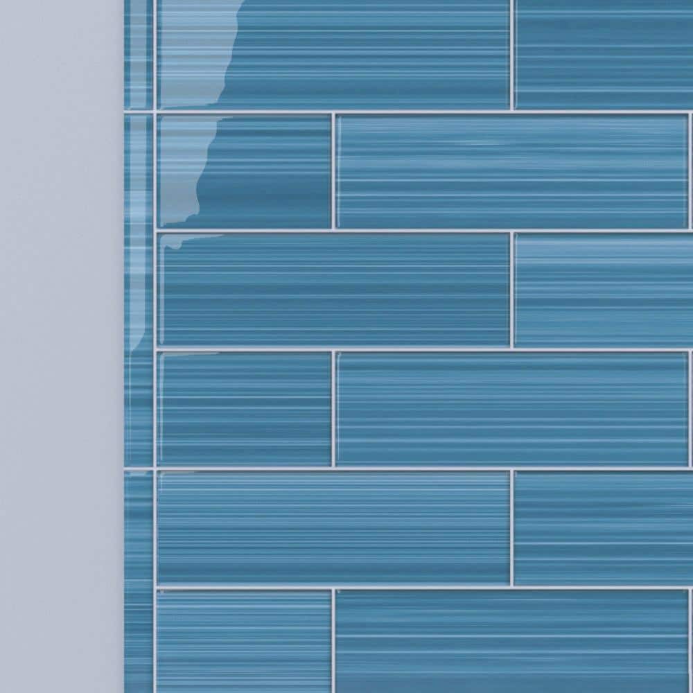 Bodesi Hand Painted Trim 1 in. x 12 in. Astoria Blue 60 Glass tile (0. ...