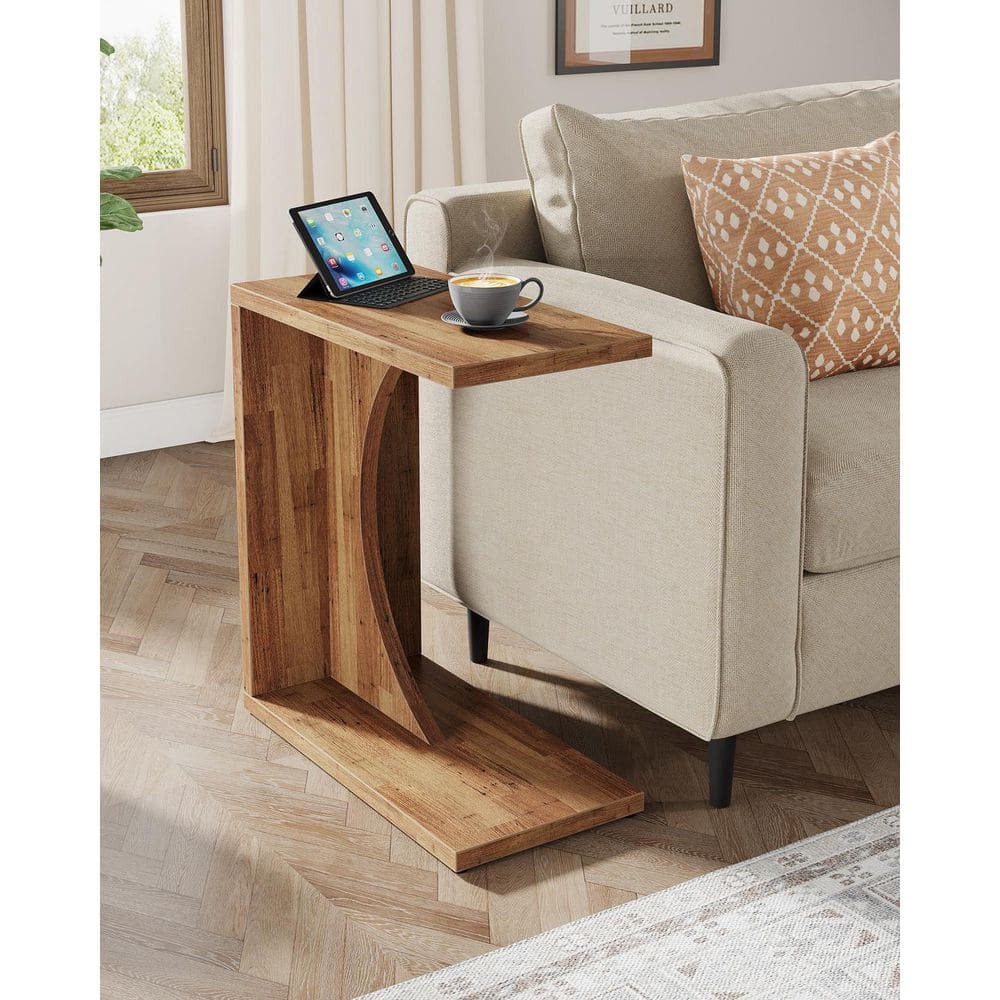 BYBLIGHT Kerlin 23.62 in. Mix Brown C-Shaped Wood End Table for Small Space, Sofa Side Table ...