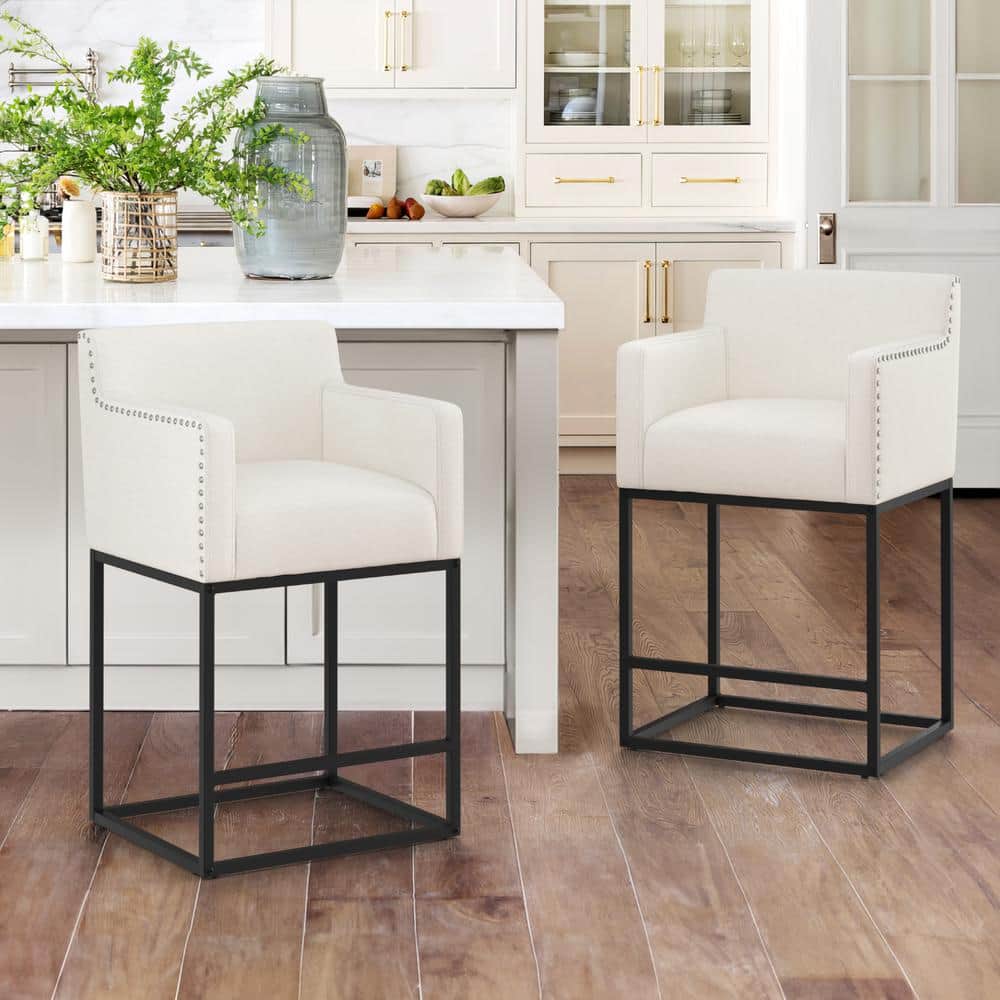 LUE BONA Luna 26 in. Beige Fabric Upholstered Counter Bar Stool with ...