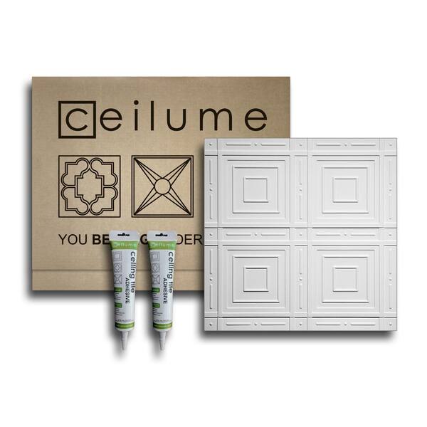 Ceilume Nantucket 2 ft. x 2 ft. Glue Up Vinyl Ceiling Tile and Backsplash Kit in White (21 sq ...