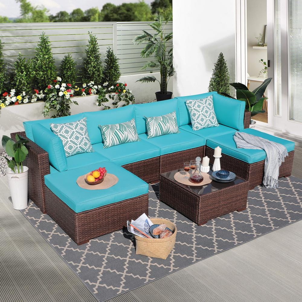 Freestyle Brown 7-Piece Wicker Outdoor Sectional Set with Turquoise ...