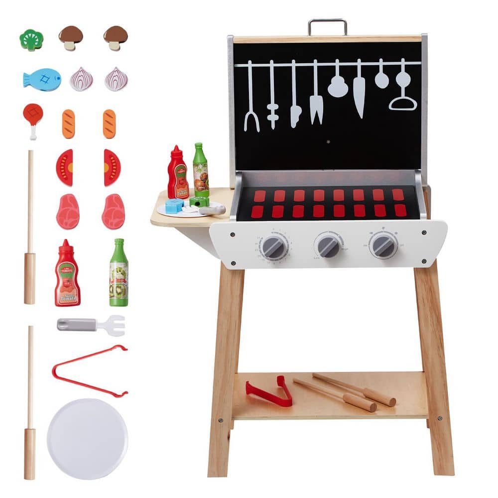 SKYSHALO Wooden Play Barbecue Toy Grill, Kids Grill Playset with Play ...