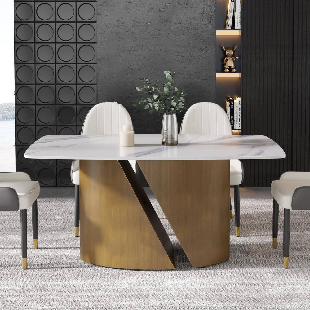 Magic Home 78.74 in. Bottom V Black Sintered Stone Tabletop Gunmetal Gray Pedestal Base Dining ...