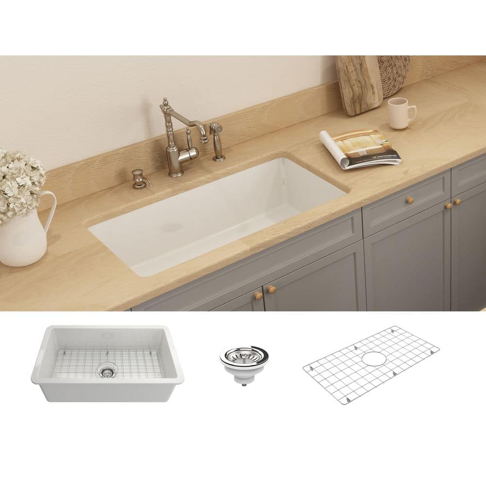 TerraLife Ashmere 32 in. Drop-In/Undermount Single Bowl White Fireclay ...