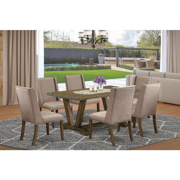 East West Furniture 7-Piece Natural Oak Finish Solid Wood Top Dining Table with 6 Parson-Chairs ...