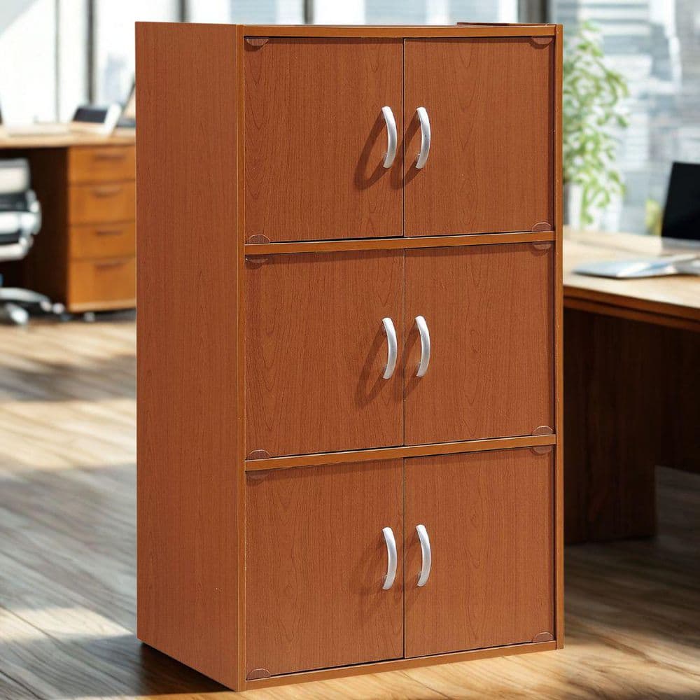 L'Baiet 40.8 in. Tall Cherry Wood 3-Shelf Bookcase with 6-Doors ...