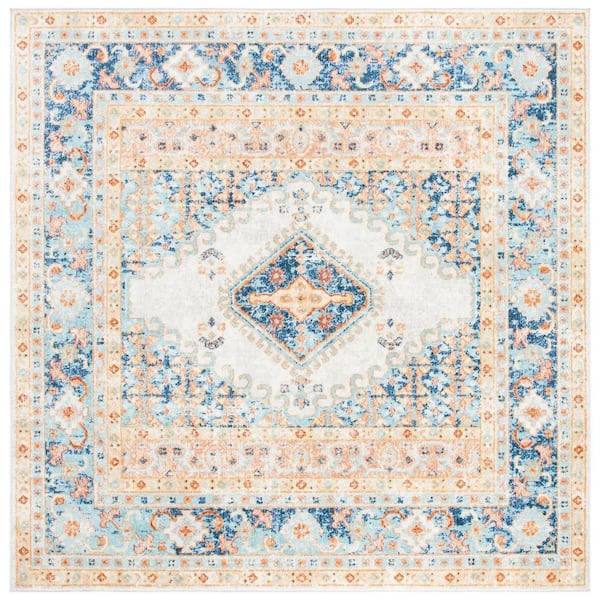 SAFAVIEH Aria 7 ft. x 7 ft. Ivory/Navy Medallion Distressed Square Area ...