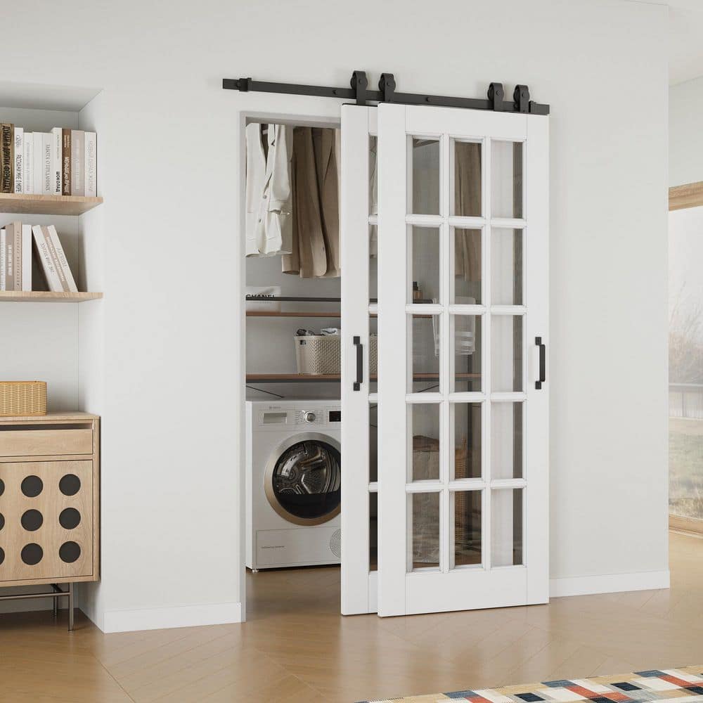 ARK DESIGN 52 in. x 80 in. (Double 30 in.) 15-Lite Clear Glass White Primed MDF Sliding Barn ...